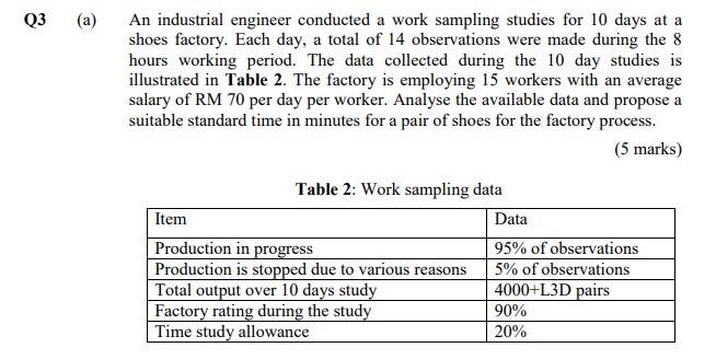 Solved Q3 (a) An industrial engineer conducted a work | Chegg.com