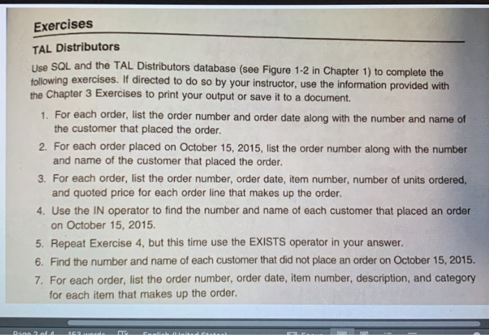Exercises TAL Distributors Use SQL and the TAL | Chegg.com