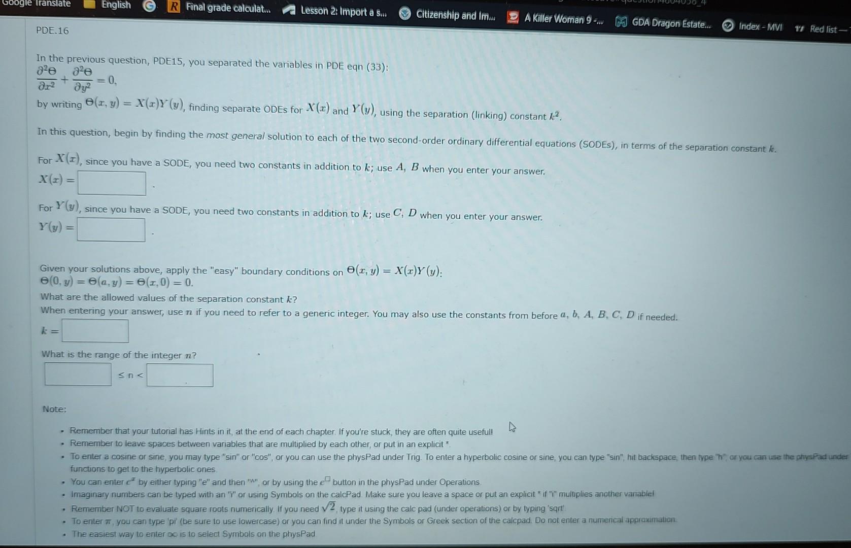 Solved In the previous question, PDE15, you separated the | Chegg.com