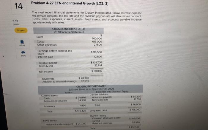 Solved Problem 4-27 EFN and Internal Growth [LO2, 3] The | Chegg.com
