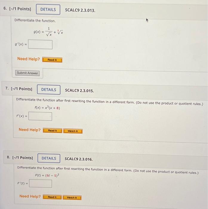 Solved 6. [-/1 Points] SCALC9 2.3.013. Differentiate the | Chegg.com