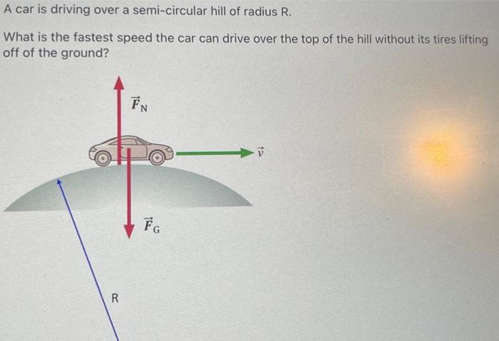 Solved A car is driving over a semi-circular hill of radius | Chegg.com