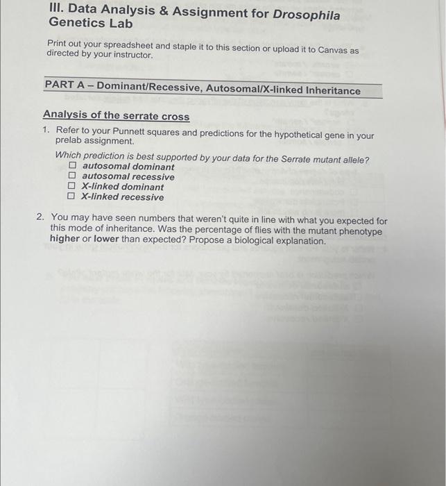 III. Data Analysis \& Assignment for Drosophila | Chegg.com
