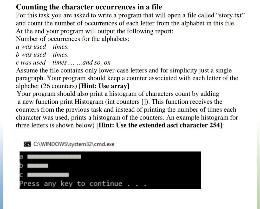 Solved Counting the character occurrences in a file For this | Chegg.com