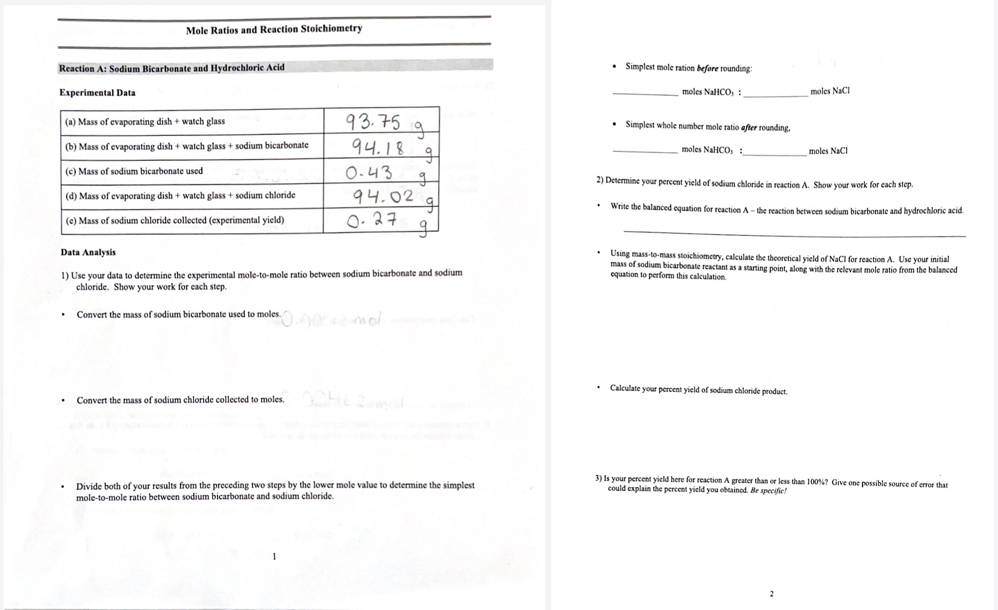 Solved Reaction A: Sodium Bicarbonate and Hydrochloric | Chegg.com