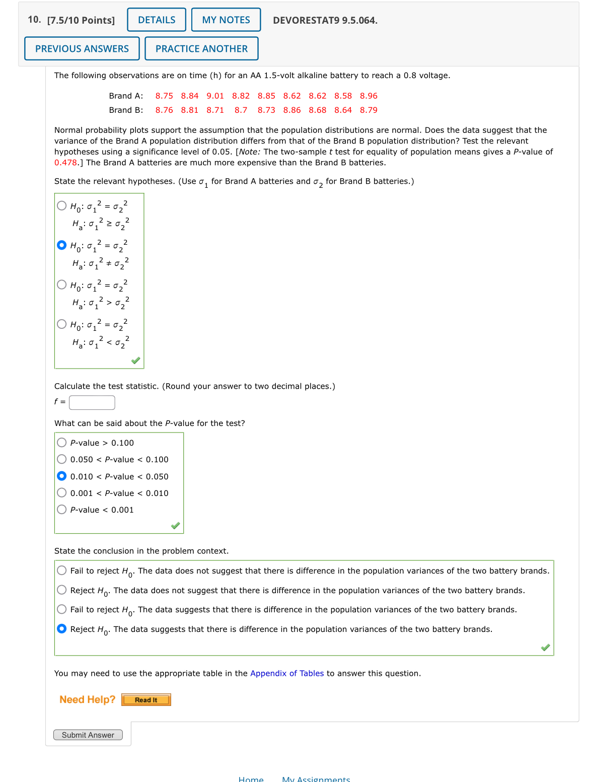 Solved Points]DEVORESTAT9 9.5.064.The following observations | Chegg.com