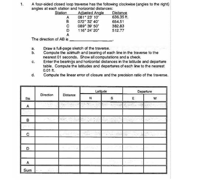 Solved A four-sided closed loop traverse has the following | Chegg.com