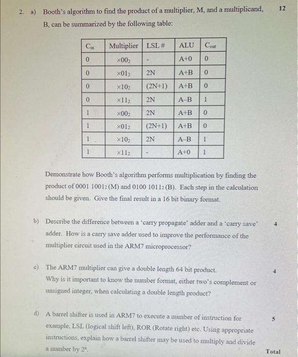 2. a) Booth's algorithm to find the product of a | Chegg.com