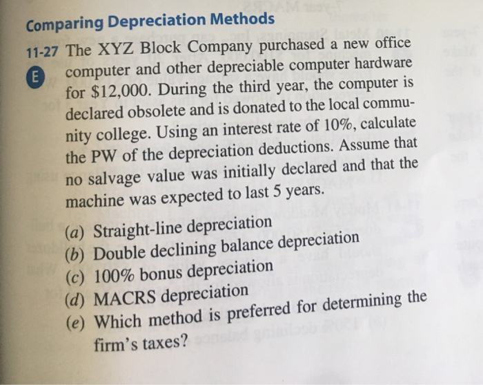 Solved Comparing Depreciation Methods 11-27 The XYZ Block | Chegg.com