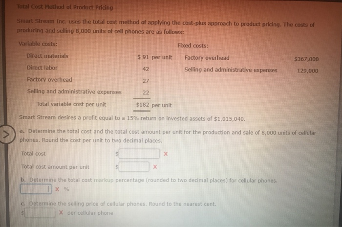 Solved Total Cost Method of Product Pricing Smart Stream | Chegg.com