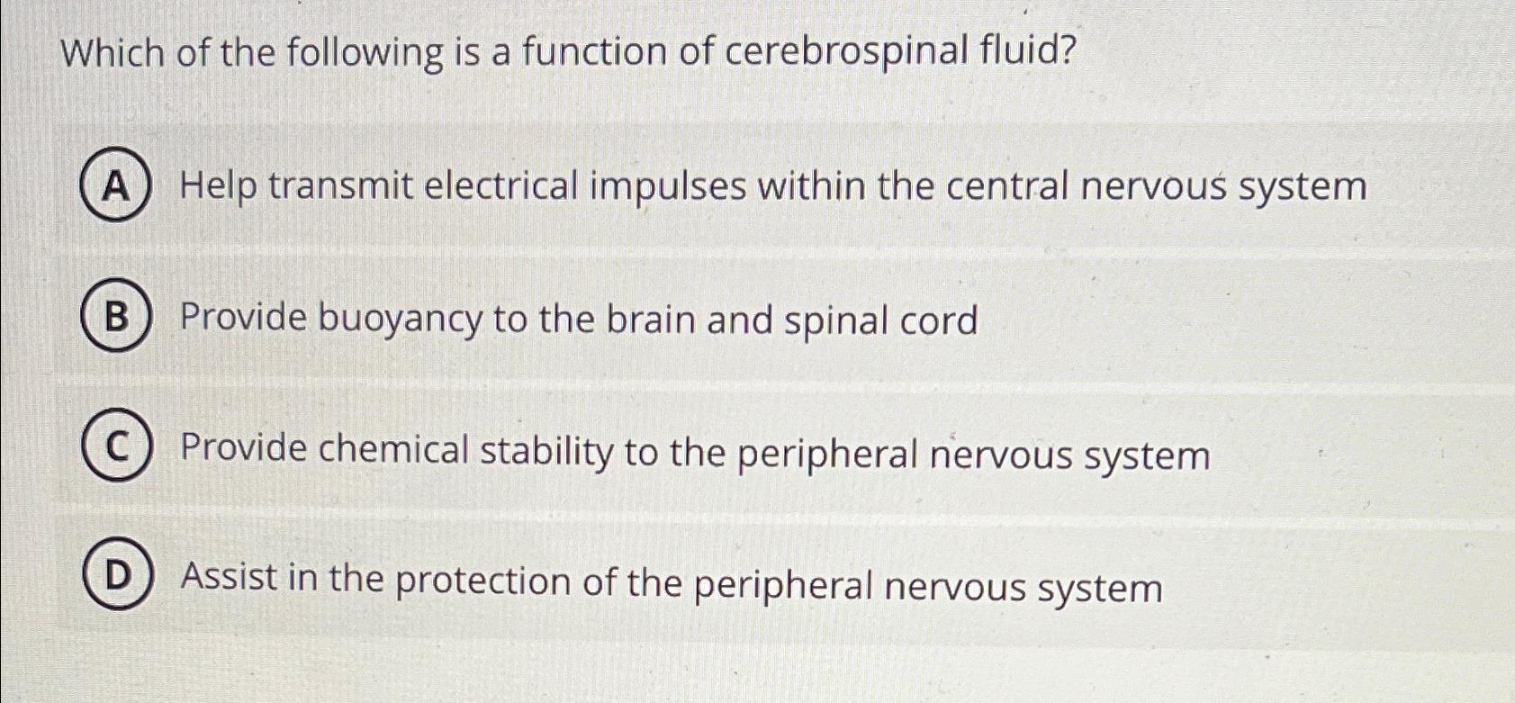 Solved Which of the following is a function of cerebrospinal | Chegg.com