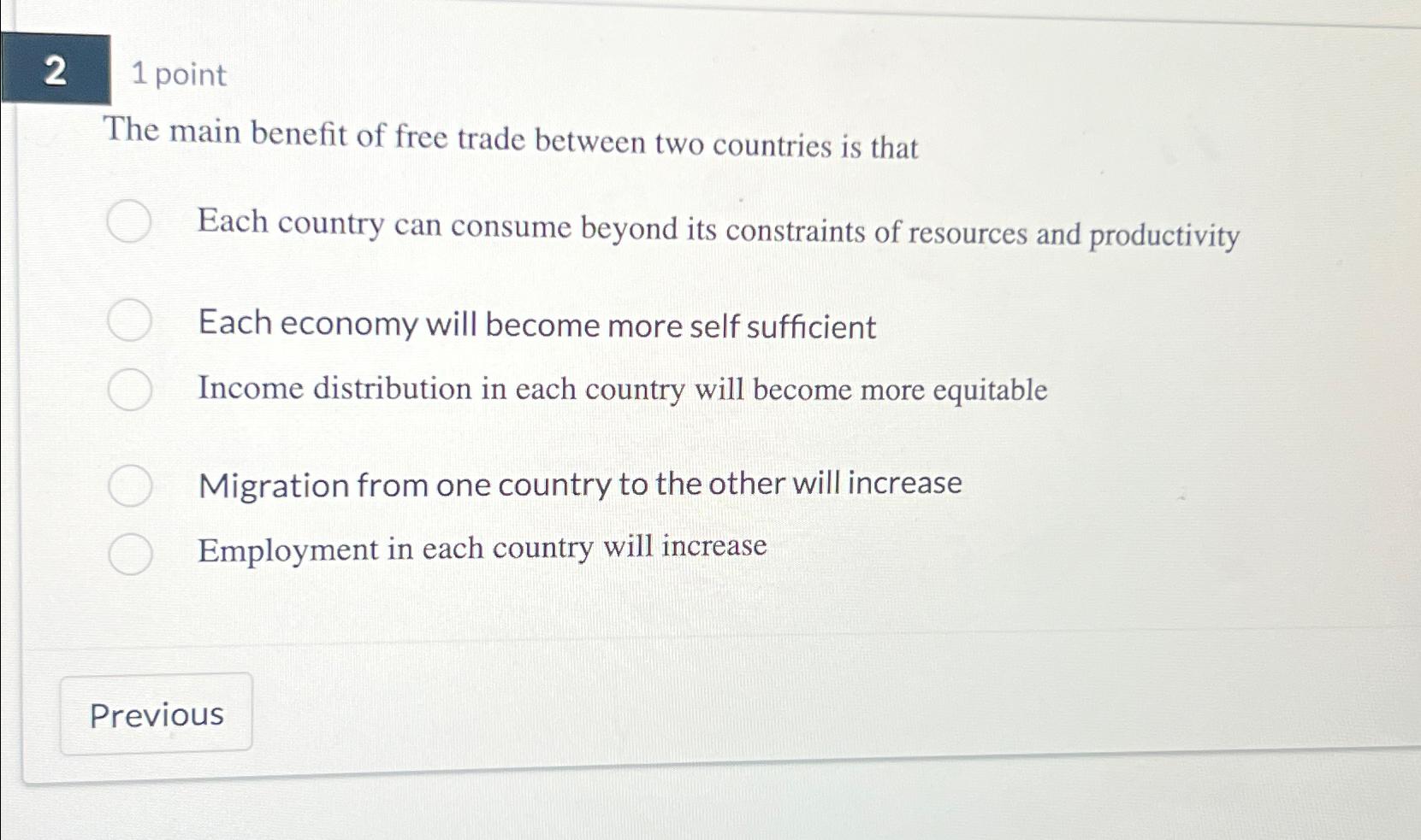 Solved 21 ﻿pointThe main benefit of free trade between two | Chegg.com