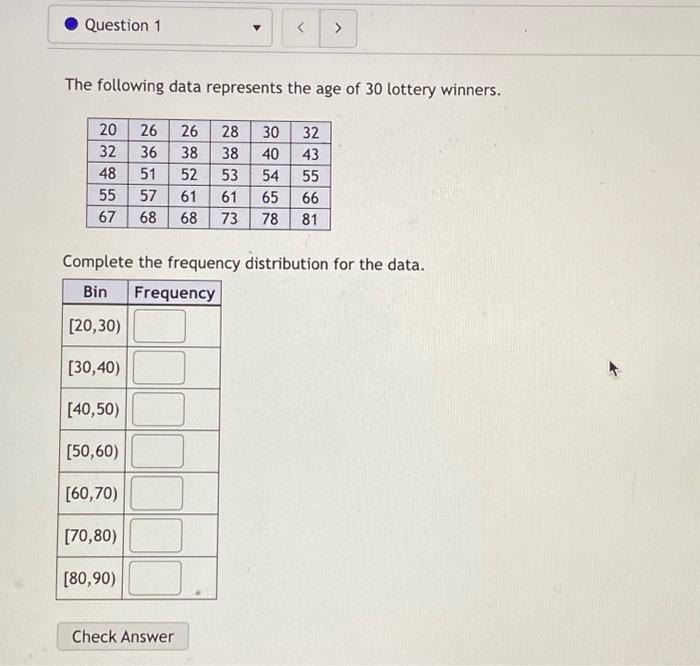 Solved Question 1 The following data represents the age of | Chegg.com