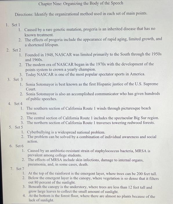 Chapter Nine: Organizing the Body of the Speech | Chegg.com