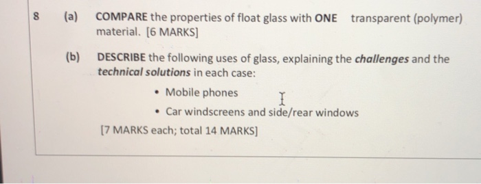 8 (a) COMPARE the properties of float glass with ONE | Chegg.com