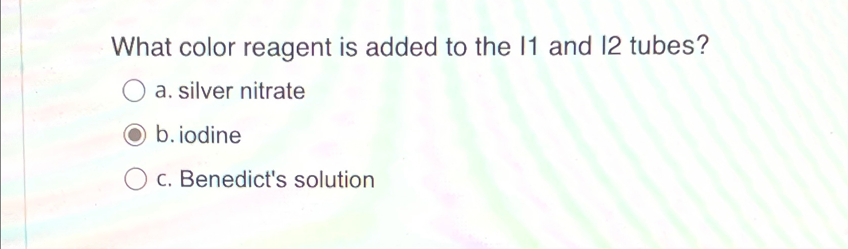 Solved What color reagent is added to the I1 ﻿and I2 | Chegg.com