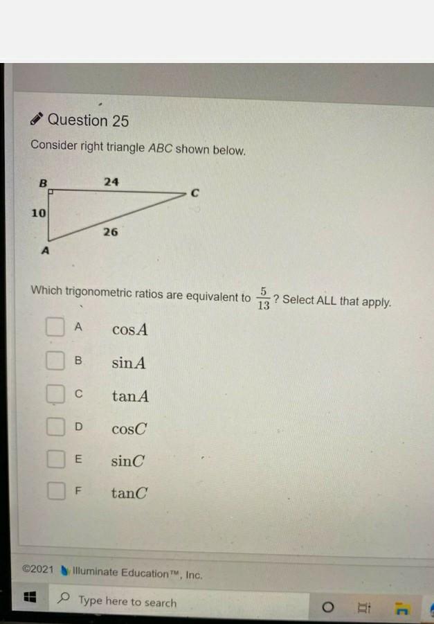 Solved Question 25 Consider right triangle ABC shown below. | Chegg.com