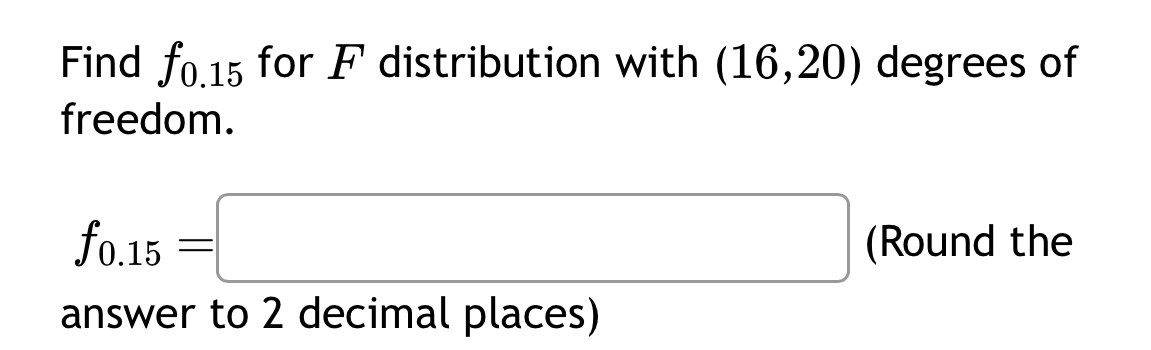 Solved Find f0.15 ﻿for F ﻿distribution with (16,20) ﻿degrees | Chegg.com