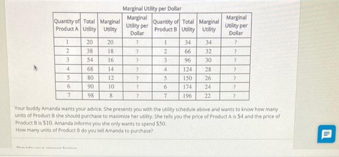Solved Marainal I 1rilitu nar nollar Your buddy Amanda wants | Chegg.com