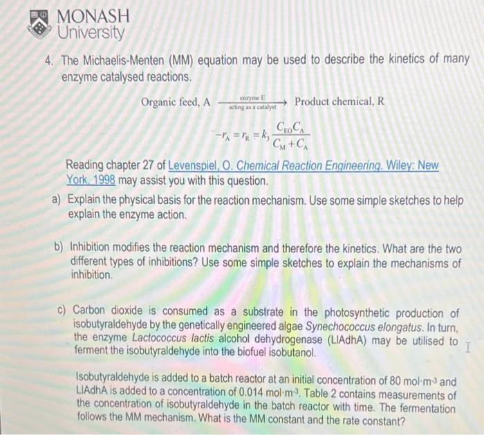 4. The Michaelis-Menten (MM) equation may be used to | Chegg.com