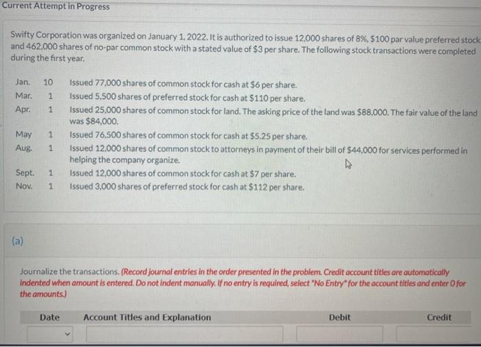 Solved Current Attempt in Progress Swifty Corporation was | Chegg.com