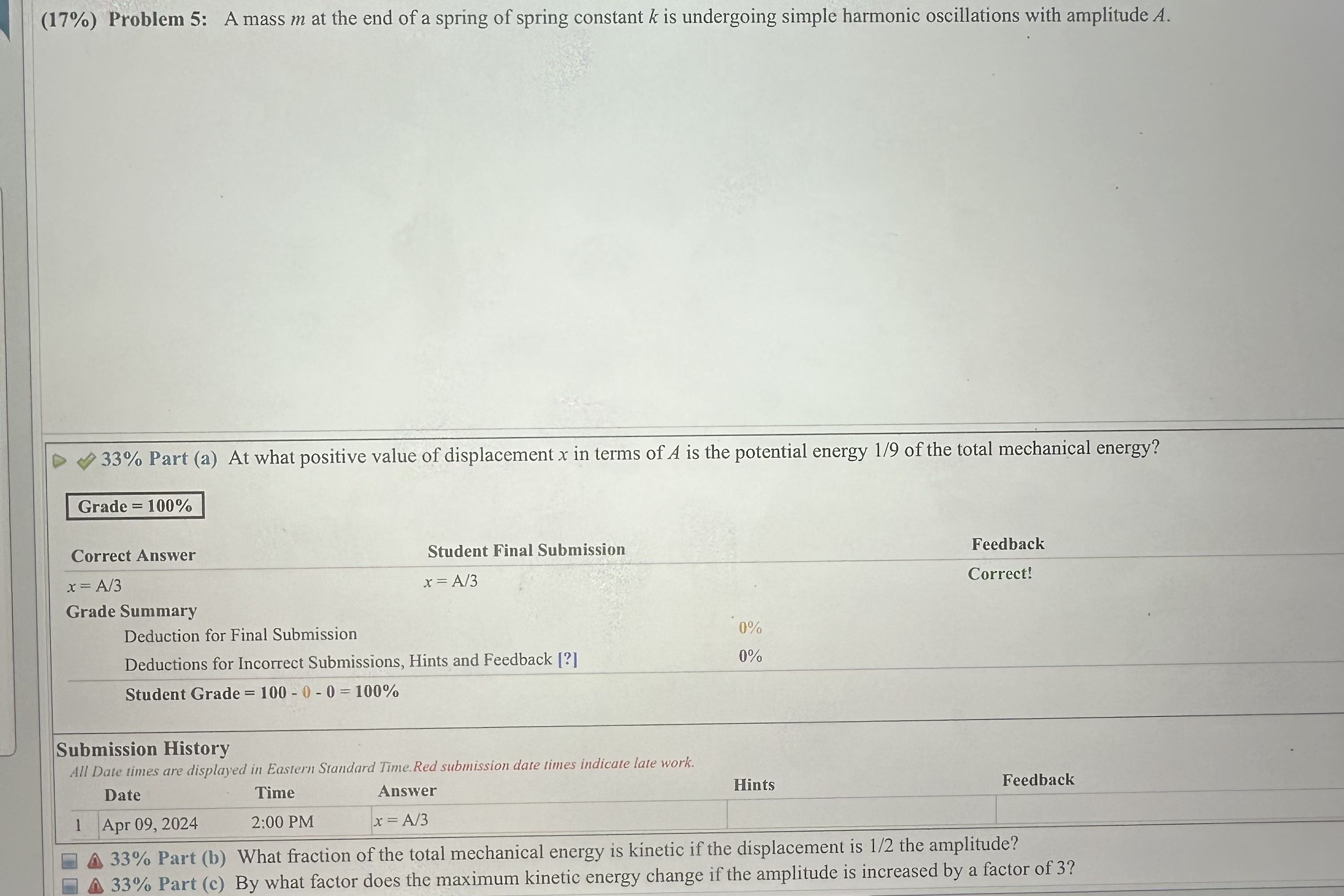 Solved B and C please(17%) ﻿Problem 5: A mass m ﻿at the end | Chegg.com