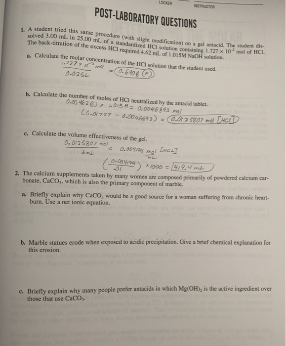 Solved LOCKER INSTRUCTOR POST-LABORATORY QUESTIONS A student | Chegg.com