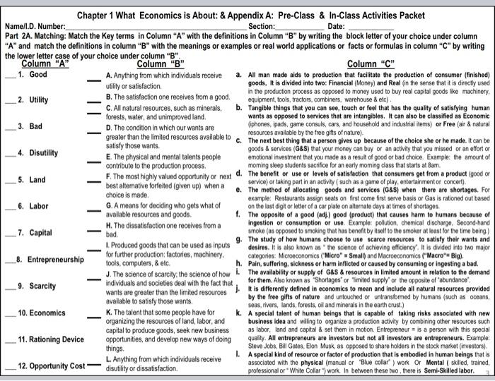 Solved Key terms in Column \"A\" with the definitions in | Chegg.com