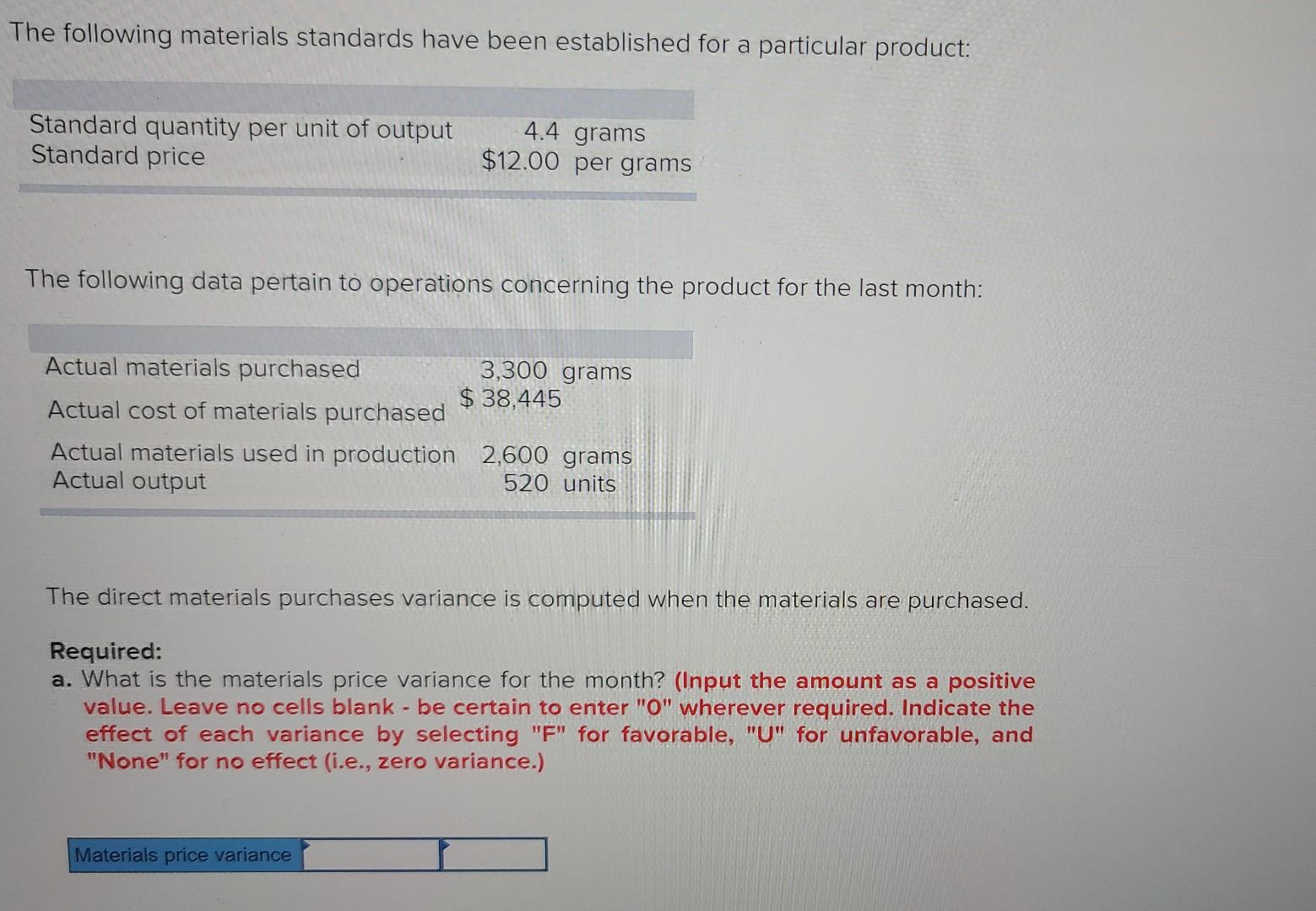 Solved The following materials standards have been | Chegg.com