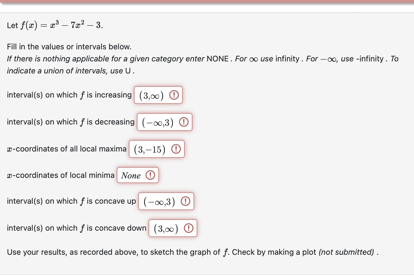 Solved Let f(x)=x3-7x2-3.Fill in the values or intervals | Chegg.com