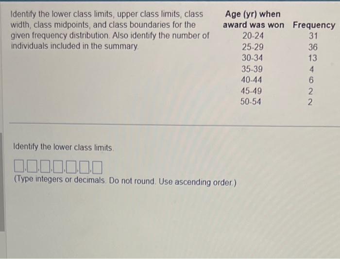Solved Identify the lower class limits, upper class limits, | Chegg.com
