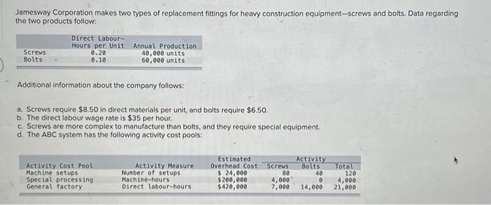 Solved Jamesway Corporation makes two types of replacement | Chegg.com