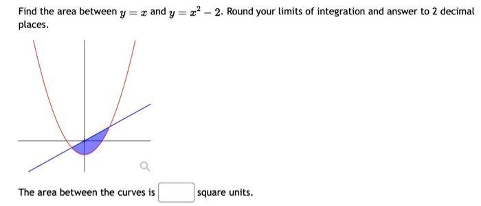 Solved find the area between y=x and y=x^2-2. round your | Chegg.com