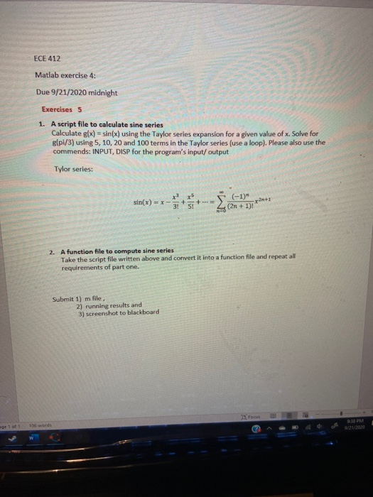 ECE 412 Matlab exercise 4: Due 9/21/2020 midnight | Chegg.com