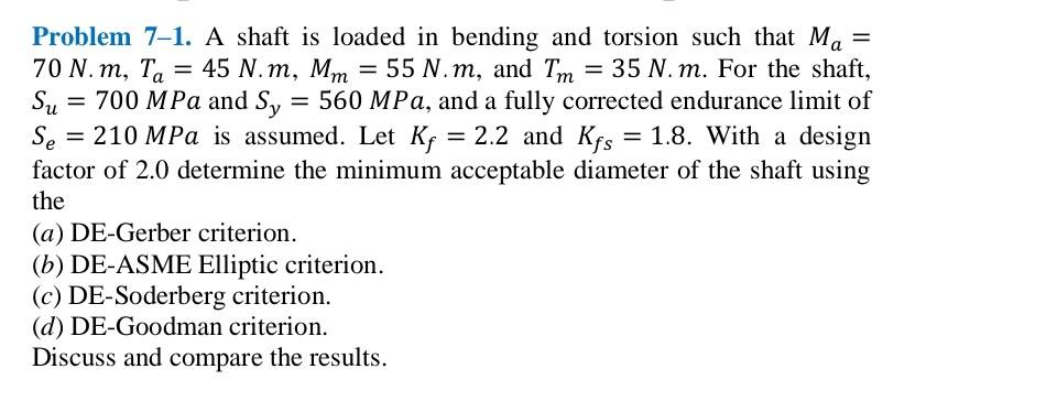 Solved Problem 7-1. A shaft is loaded in bending and torsion | Chegg.com