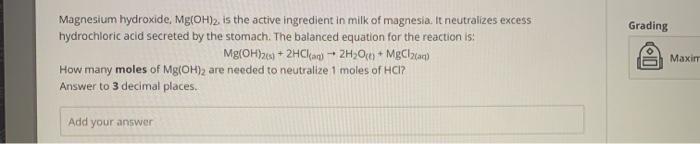 Solved Magnesium hydroxide, Mg(OH)2, is the active | Chegg.com
