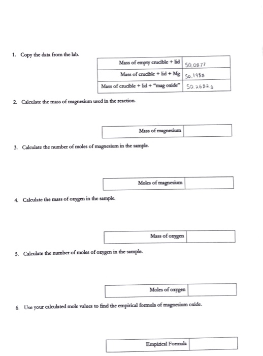 Solved 1. Copy the data from the lab. Mass of empty crucible | Chegg.com