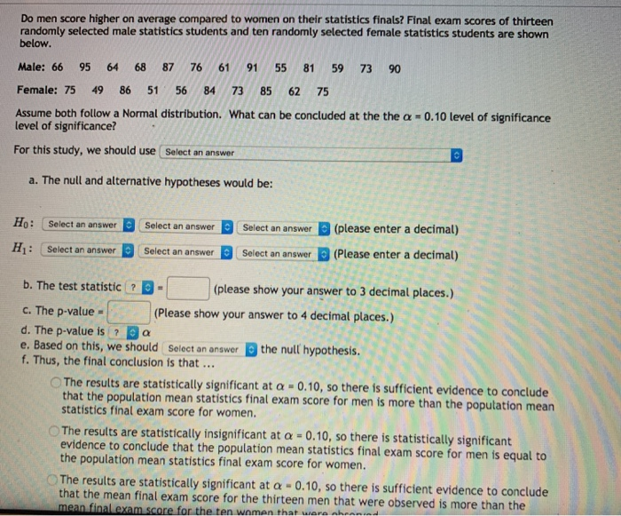 Solved Do men score higher on average compared to women on | Chegg.com