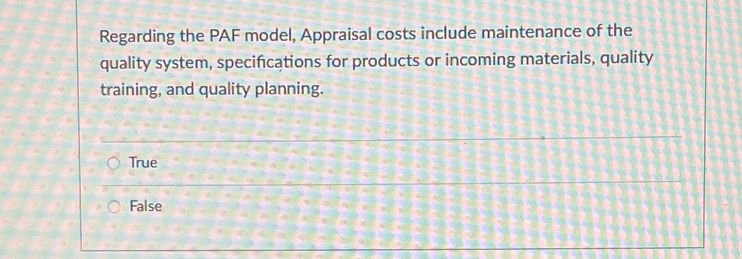 Solved Regarding the PAF model, Appraisal costs include | Chegg.com