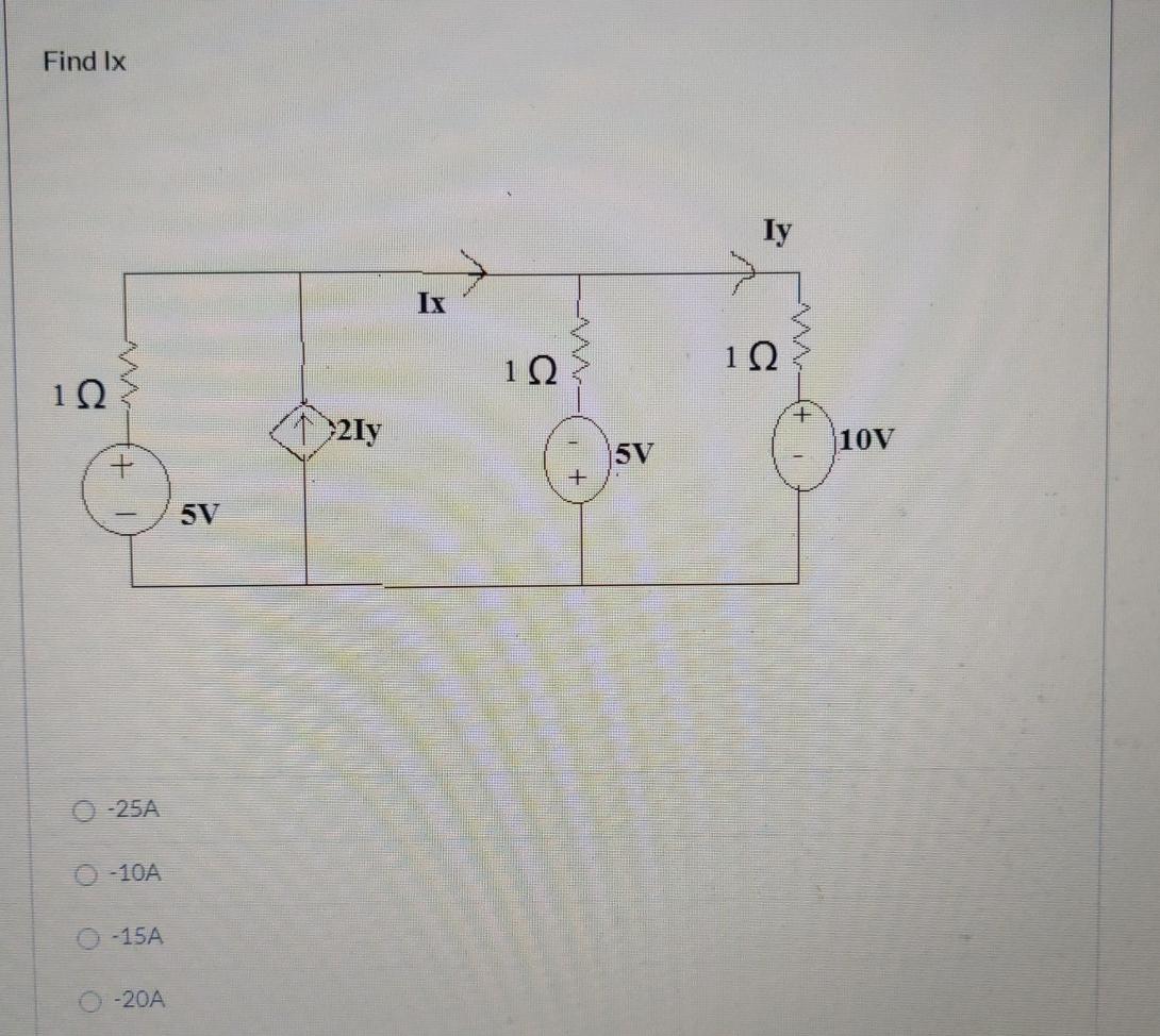 Solved Find Ix IY Ix 1Ω 1Ω 1Ω 2Iy 10V 5V 5W -25A -10A -15A | Chegg.com Solved Find Ix IY Ix 1Ω 1Ω 1Ω 2Iy 10V 5V 5W -25A -10A -15A | Chegg.com