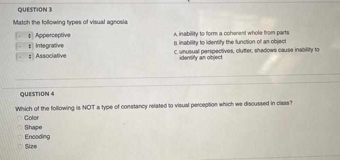 Solved Match the following types of visual agnosia | Chegg.com