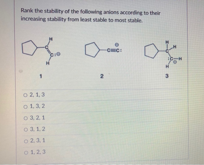 Solved Rank the stability of the following anions according | Chegg.com