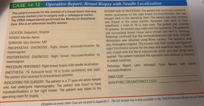 Solved CASE 14-12 Operative Report, Breast Biopsy with | Chegg.com