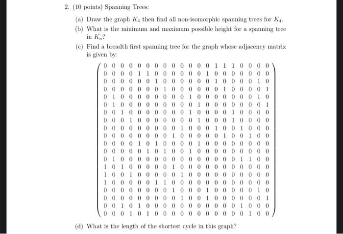 Solved 2. (10 points) Spanning Trees: (a) Draw the graph K4 | Chegg.com