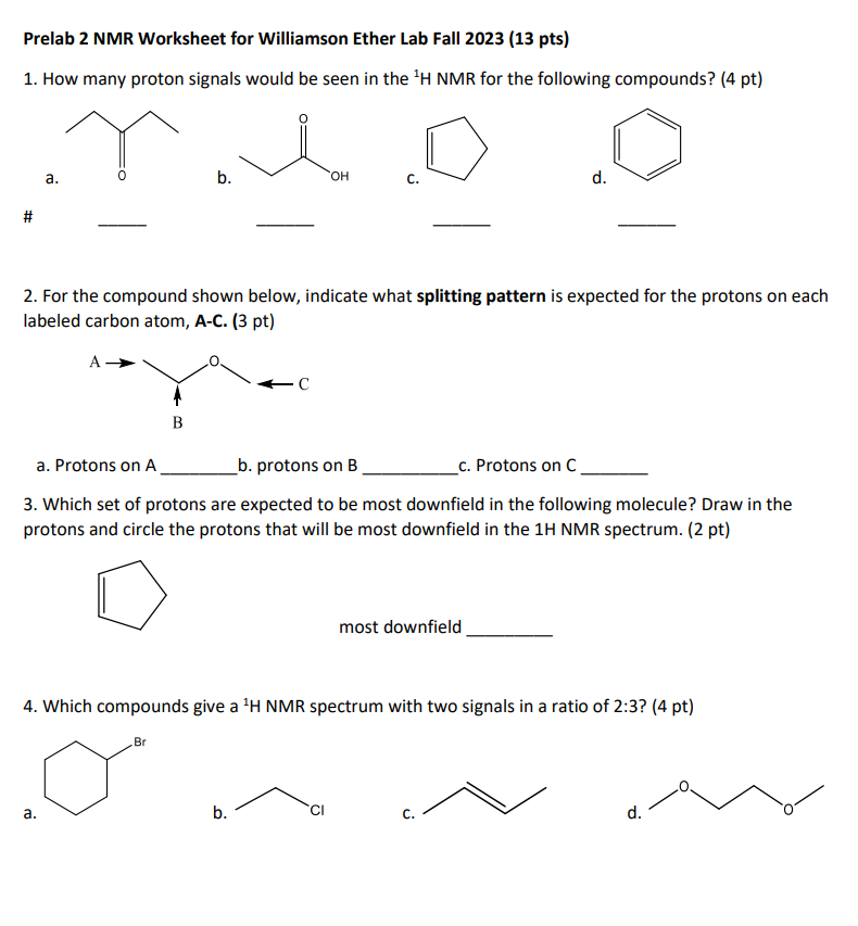 Solved Prelab 2 ﻿NMR Worksheet for Williamson Ether Lab Fall | Chegg.com