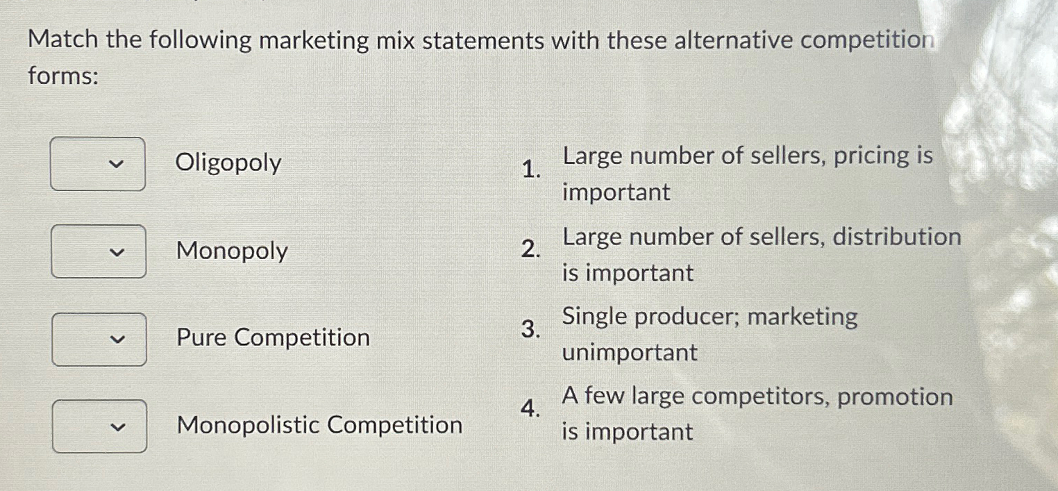 Solved Match the following marketing mix statements with | Chegg.com