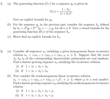 The generating function G(z) for a sequence gn is | Chegg.com