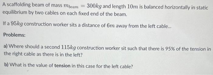 Solved A scaffolding beam of mass mbeam =300 kg and length | Chegg.com