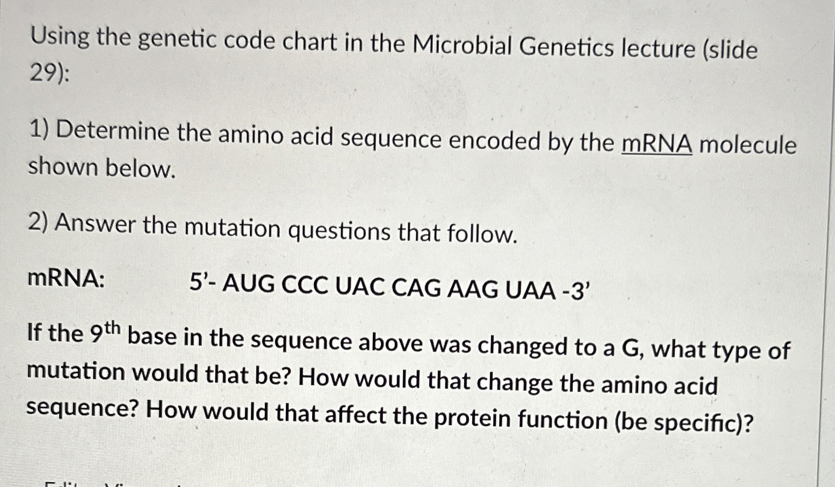 Solved Using the genetic code chart in the Microbial | Chegg.com