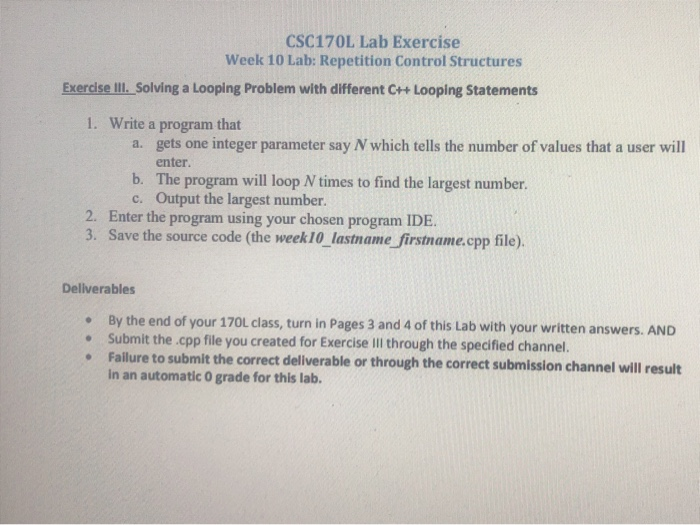 Solved CSC170L Lab Exercise Week 10 Lab: Repetition Control | Chegg.com